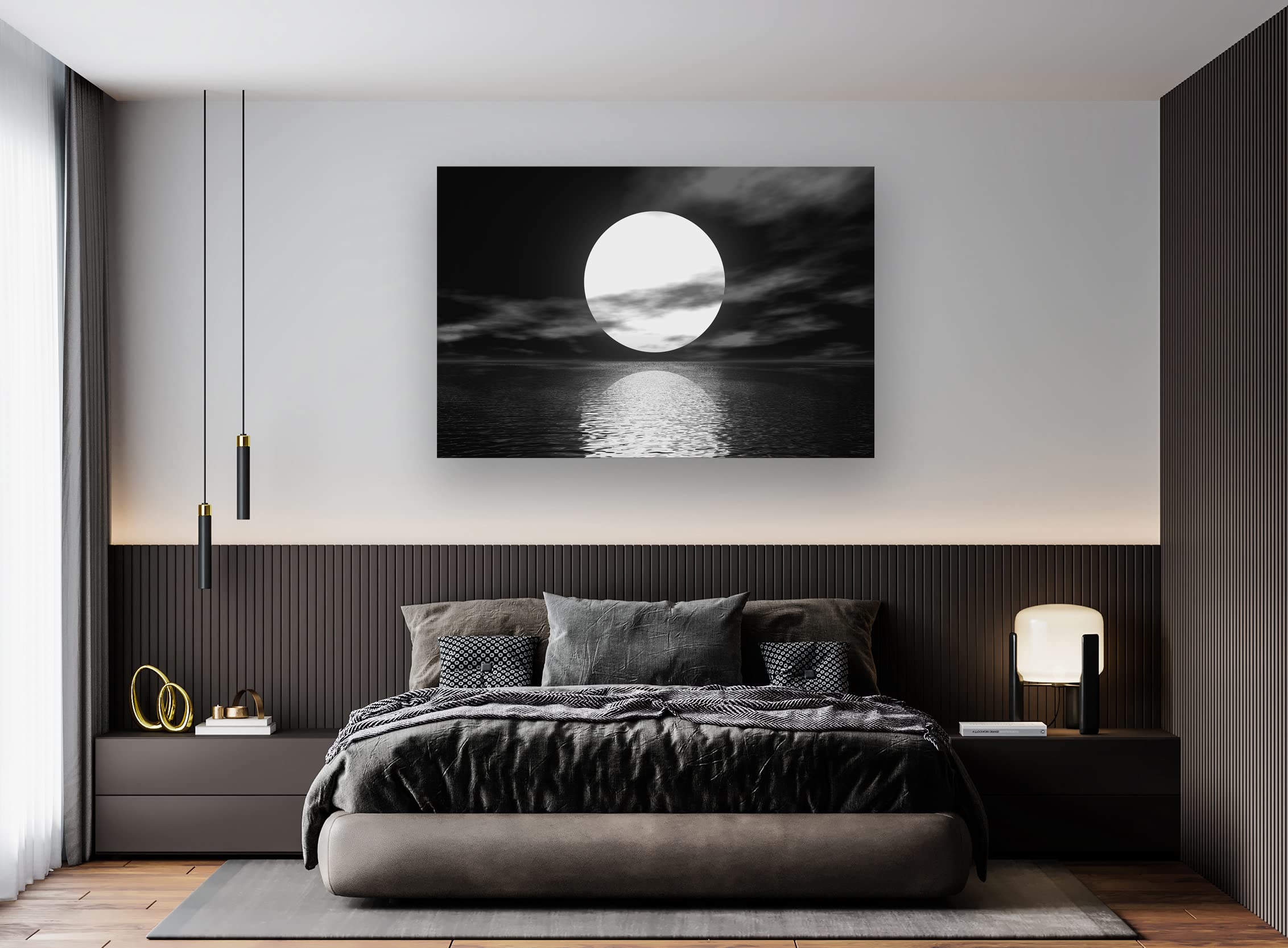 Cao Gen Decor Art S06481 Wall Art Canvas Sea White Full Moon in Night Picture Canvas Poster Print Black and White Ocean for Living Room Bedroom Kitchen Home Decorations Framed Artwork