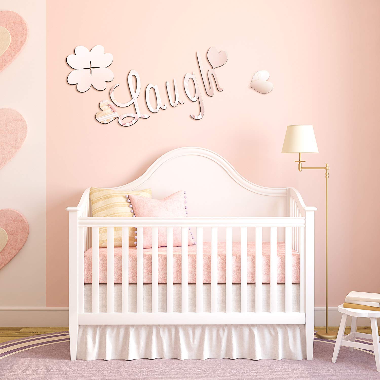 Love Live Laugh Wall Stickers Decals Silver Heart Mirror Wall Decor for Bedroom Living Room DIY Decoration