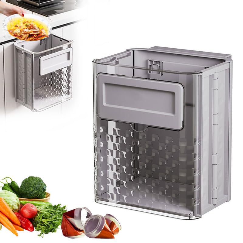 Foldable Hanging Trash Can,2024 New Hanging Kitchen Trash Can, Foldable Waste Bin for Kitchen, Collapsible Hang Small Plastic Garbage Can for Cabinet/Car/Bedroom/Bathroom(Gray)