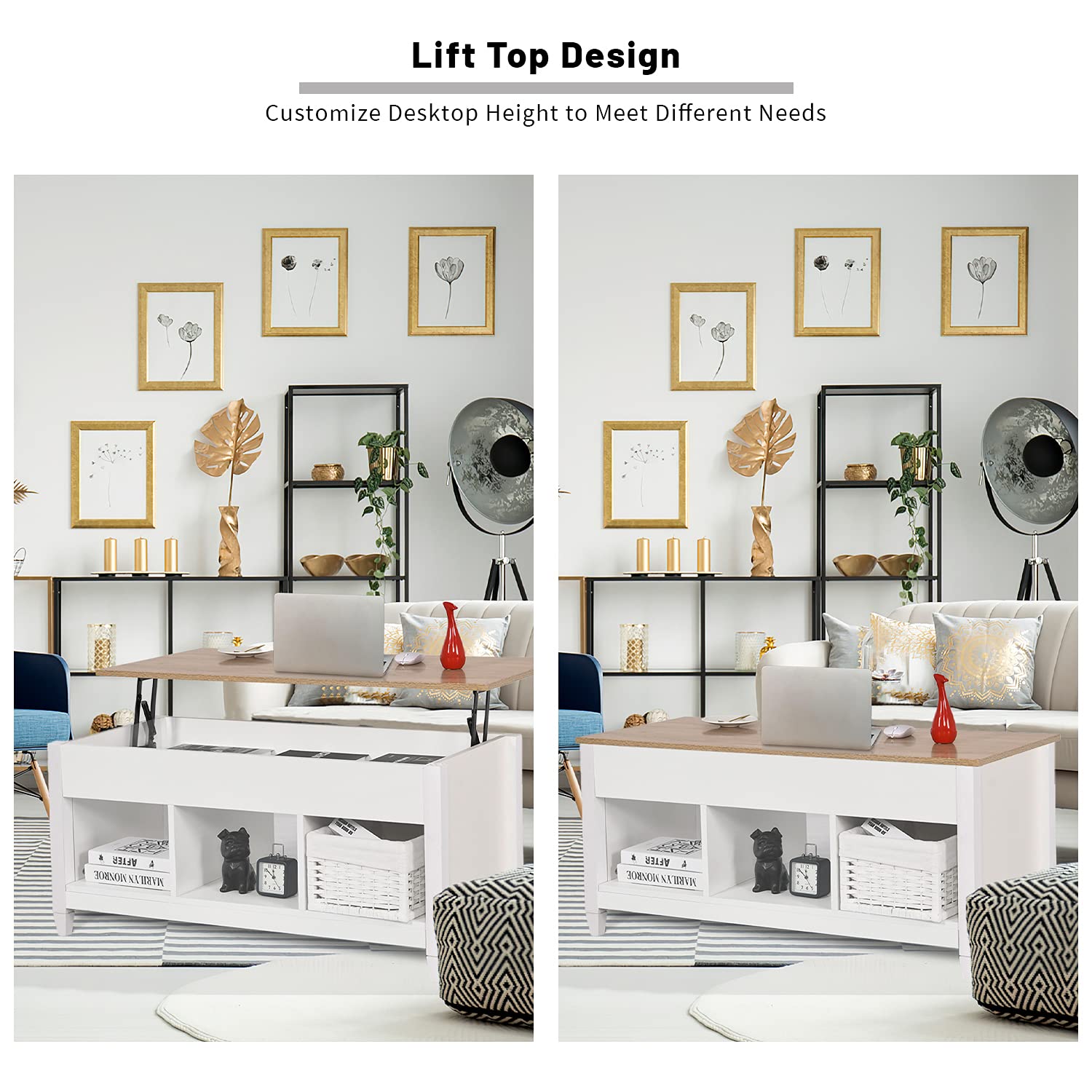 Catrimown Lift Top Coffee Table with Shelves, Modern Lift Tabletop Dining Table with Hidden Compartment and 3 Cube for Home Office Living Room Reception, Real Wood Legs, White.
