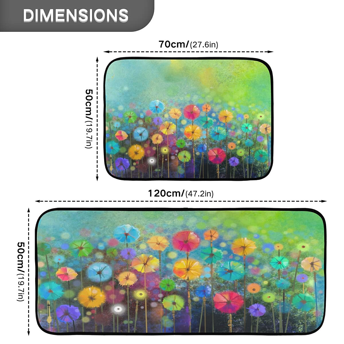 Emelivor Spring Kitchen Rugs and Mats 2 Piece Non Slip Washable Flower Runner Rug Set for Floor Rainbow Kitchen Decor and Accessories