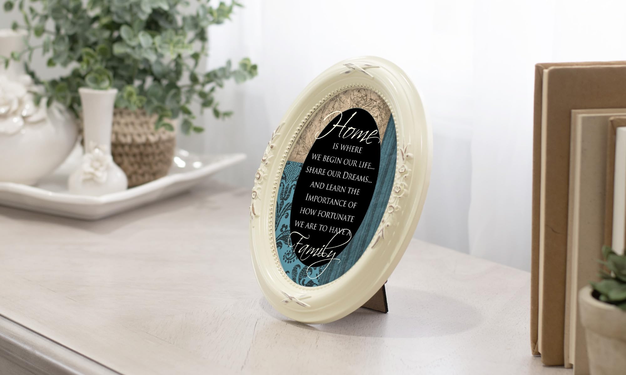 Cottage Garden Home Is Where We Begin Life Distressed Ivory Floral 5 x 7 Oval Table and Wall Photo Frame