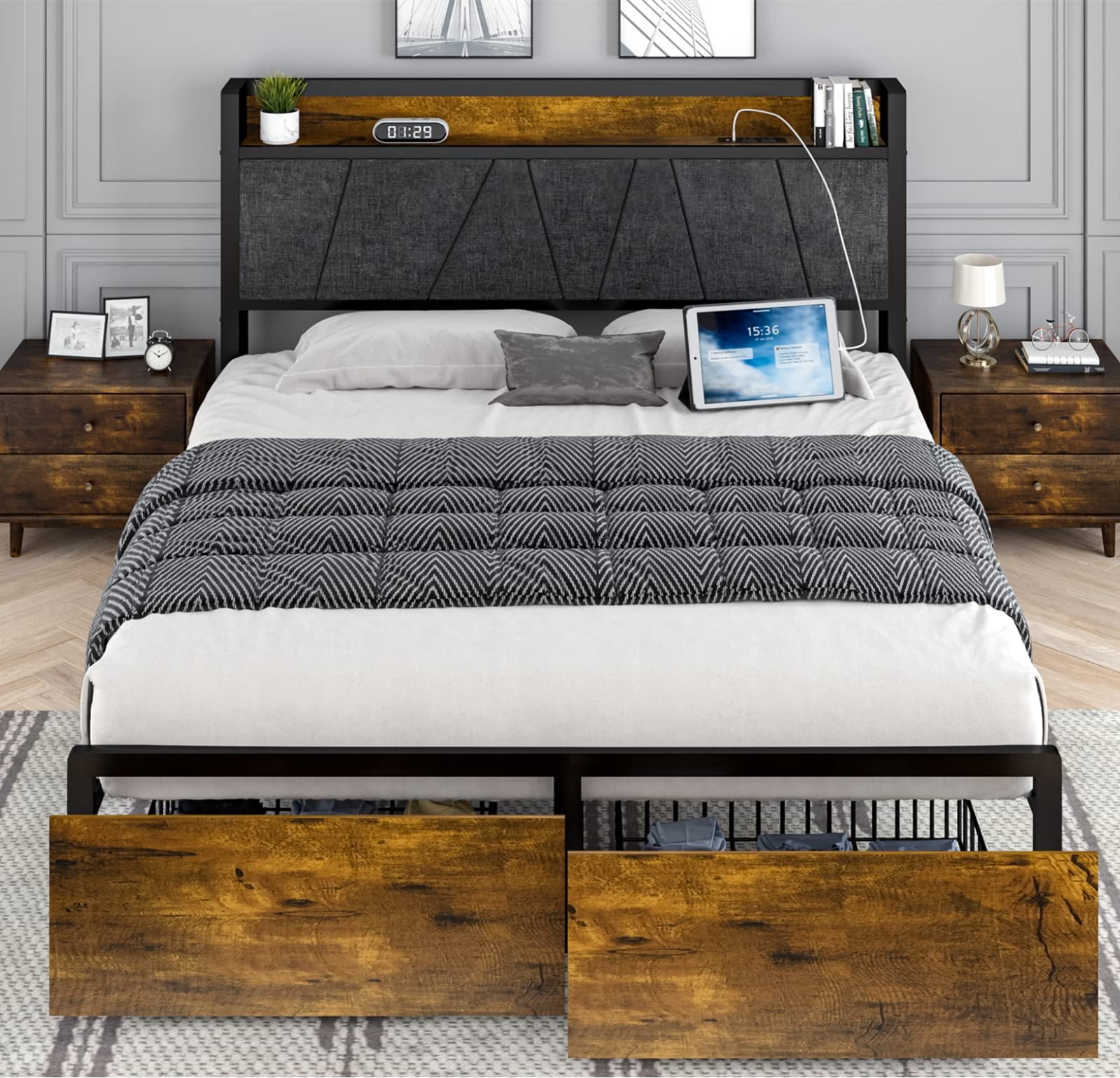 Catrimown Queen Bed Frame with Charging Station and Storage Headboard, Platform Bed Frame Queen Size with Storage Drawers, No Box Spring Needed/Strong Slat Support/Easy Assembly, Rustic Brown