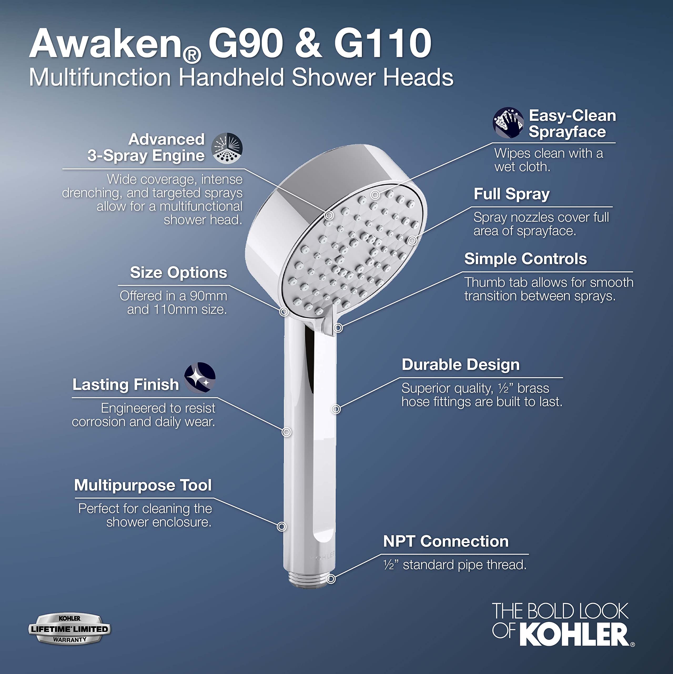 KOHLER 72415-G-BL Awaken G110 Three-Function Handshower, Handheld Showerhead with 3 Spray Settings, 1.75 GPM, Matte Black