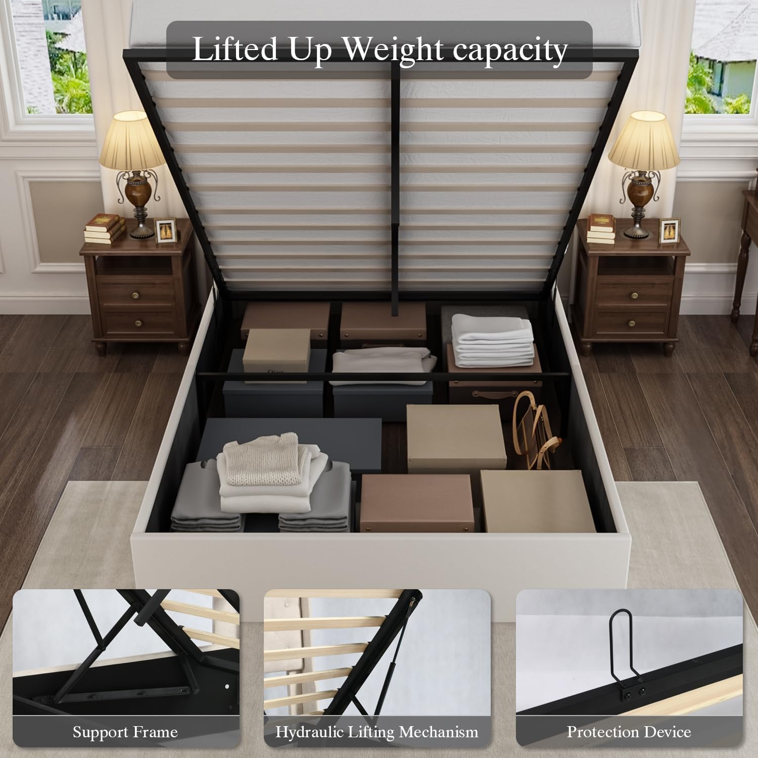 Catrimown Queen Size Lift Up Storage Bed, Upholstered Queen Bed Frame with Storage, Lift Up Storage Bed Queen with Wingback, Hydraulic Storage, Wood Slats Support, No Box Spring Needed