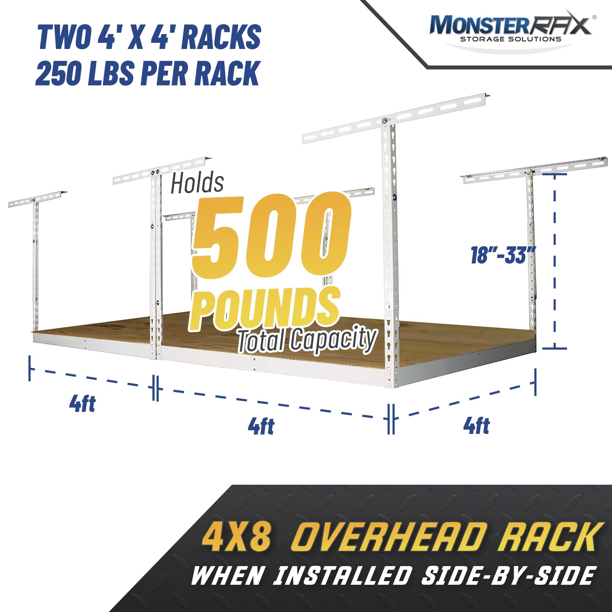MonsterRax 4x8 Overhead Garage Storage Rack Frame Kit - Hanging Storage Shelves, Garage Ceiling Storage Rack System, Overhead Garage Organizers And Storage, Ceiling Shelving - (White, 18"-33")