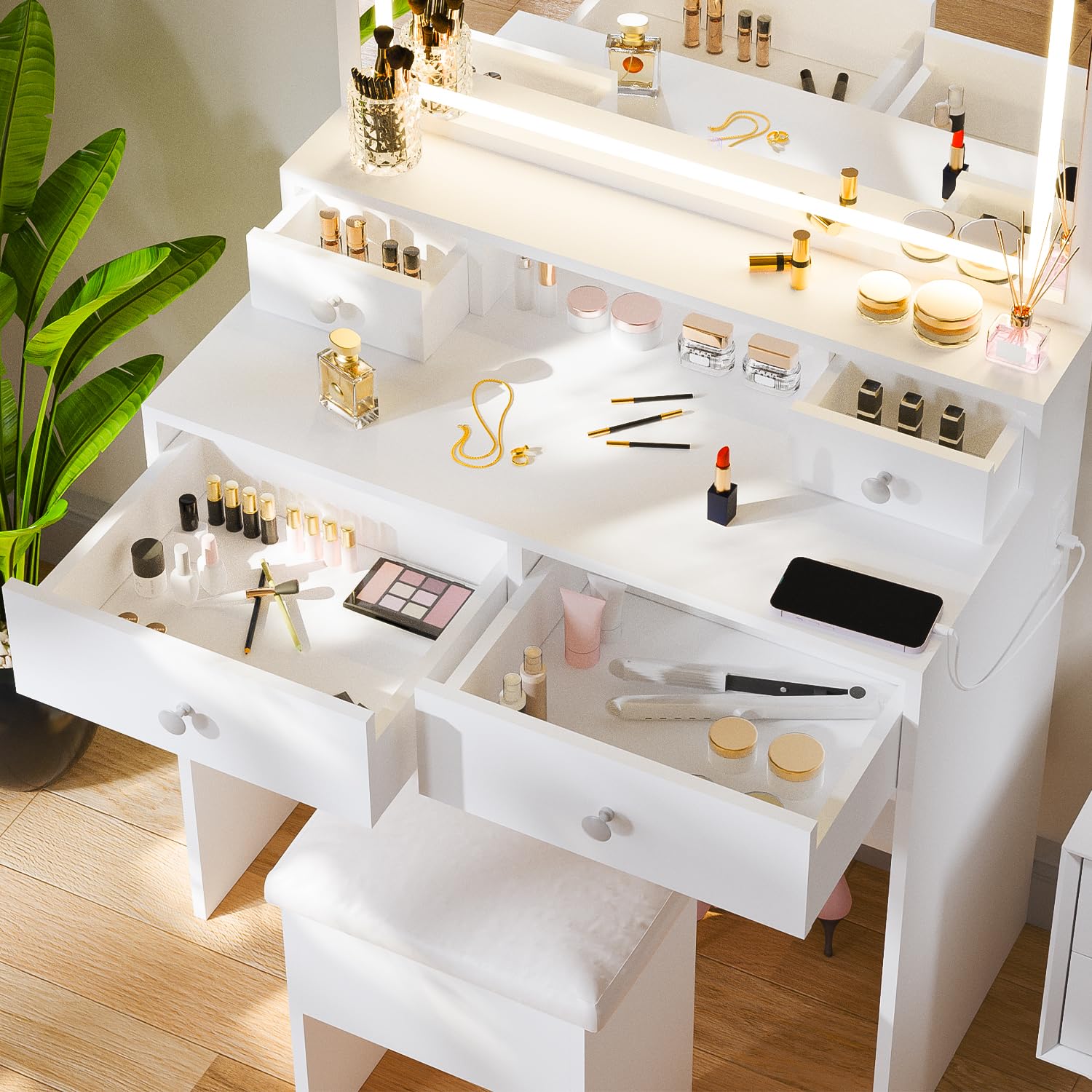 Haewon Vanity Desk with Mirror and Lights, Makeup Vanity Set with 4 Drawers, Power Outlets, and USB Ports, White Vanity with LED Vanity Mirror