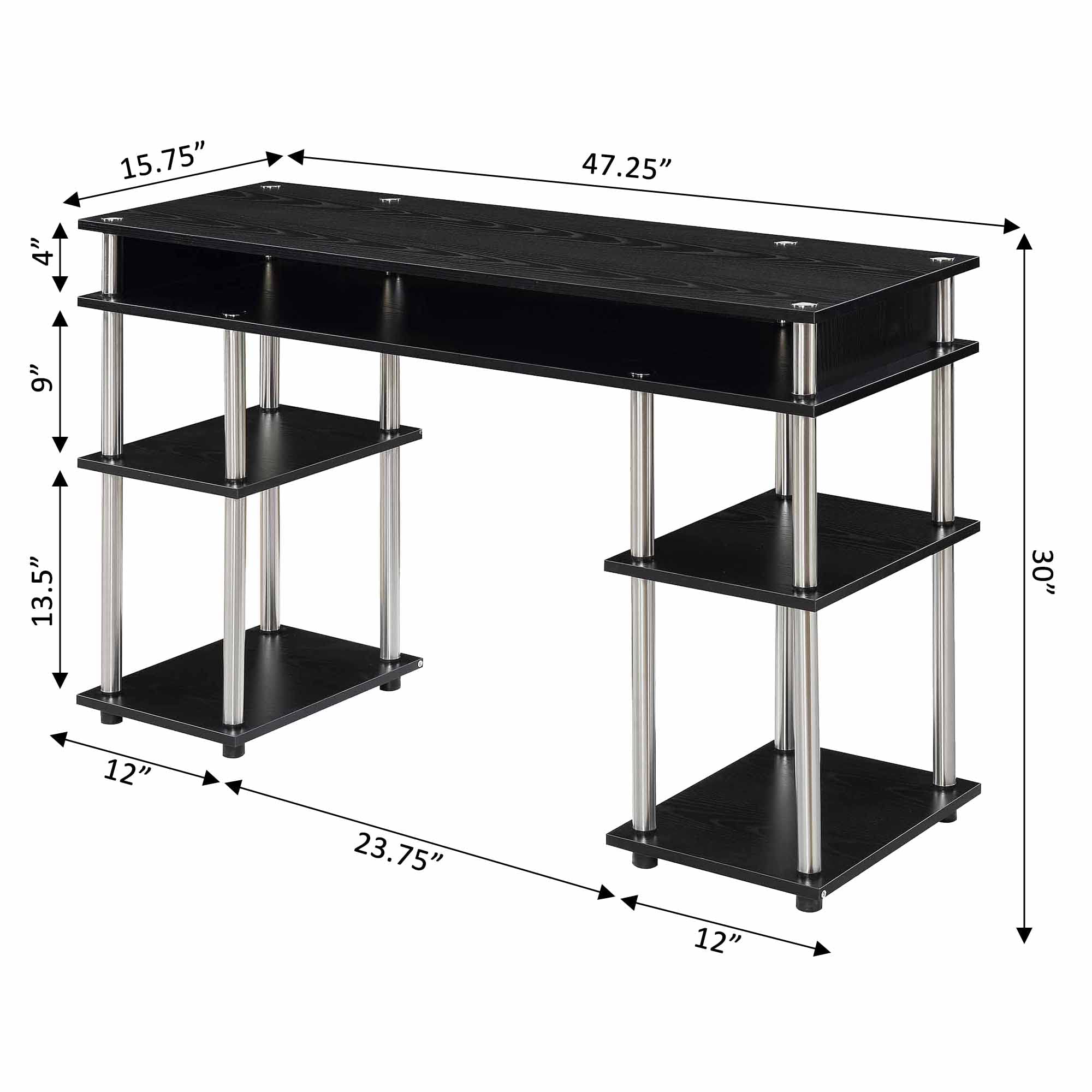 Convenience Concepts Designs2Go No Tools Student Contemporary Office Desk and Vanity with Shelves, 47.25" L x 15.75" W x 30" H, Black
