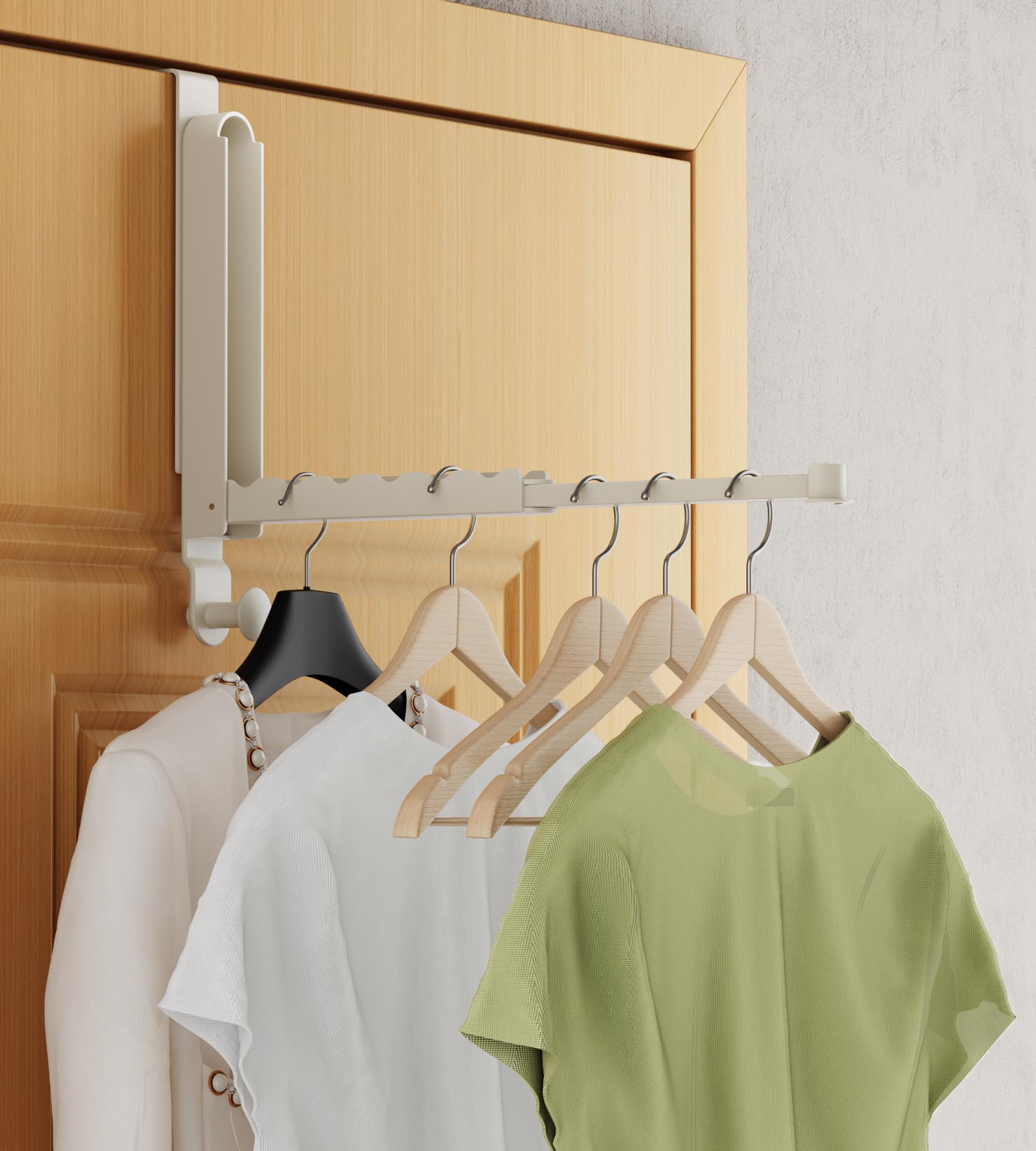 Folding Clothes Drying Rack, Fit 1 3/4" Door Super Heavy Duty Aluminum Alloy Over the Door Hanger with Retractable Rod, Foldable Portable and Collapsible Bathroom Towel Rack , Ivory White