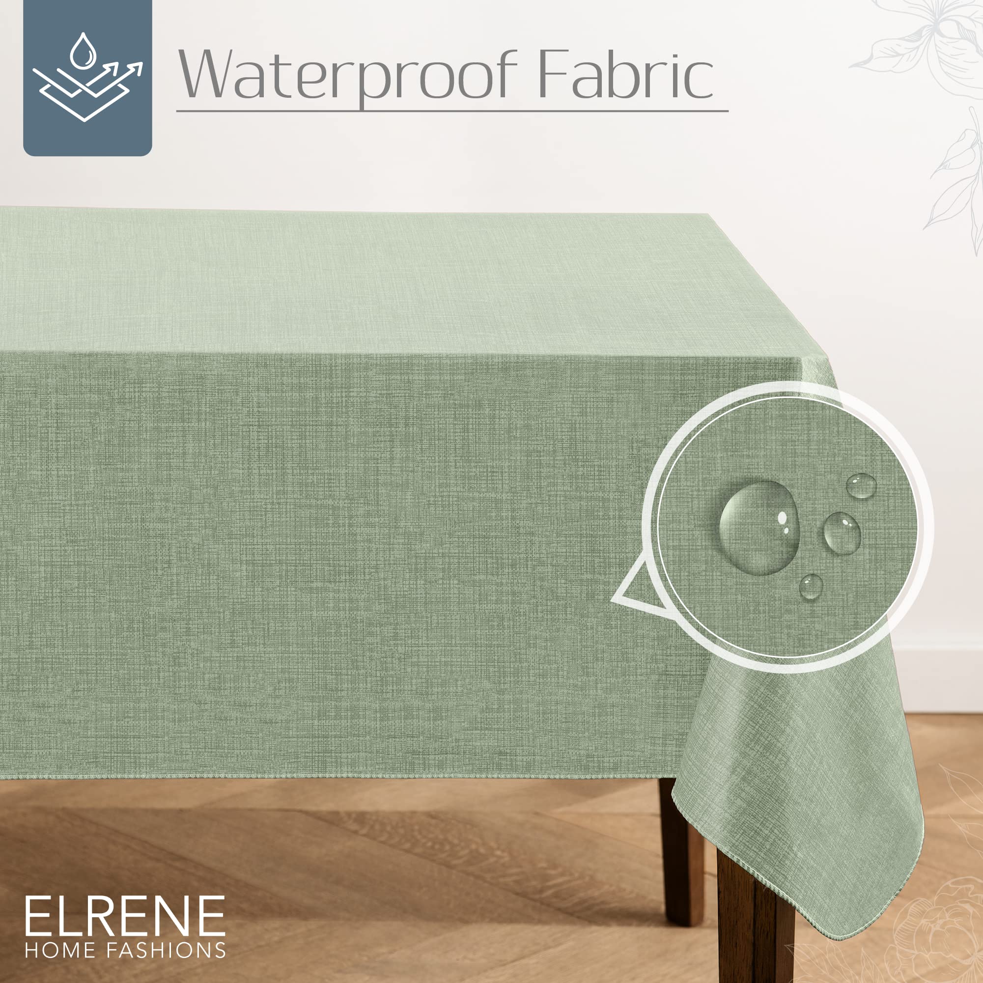 Elrene Home Fashions Monterey Linen Inspired Water- and Stain-Resistant Vinyl Tablecloth with Flannel Backing, 52 inches X 70 inches, Rectangle, Sage