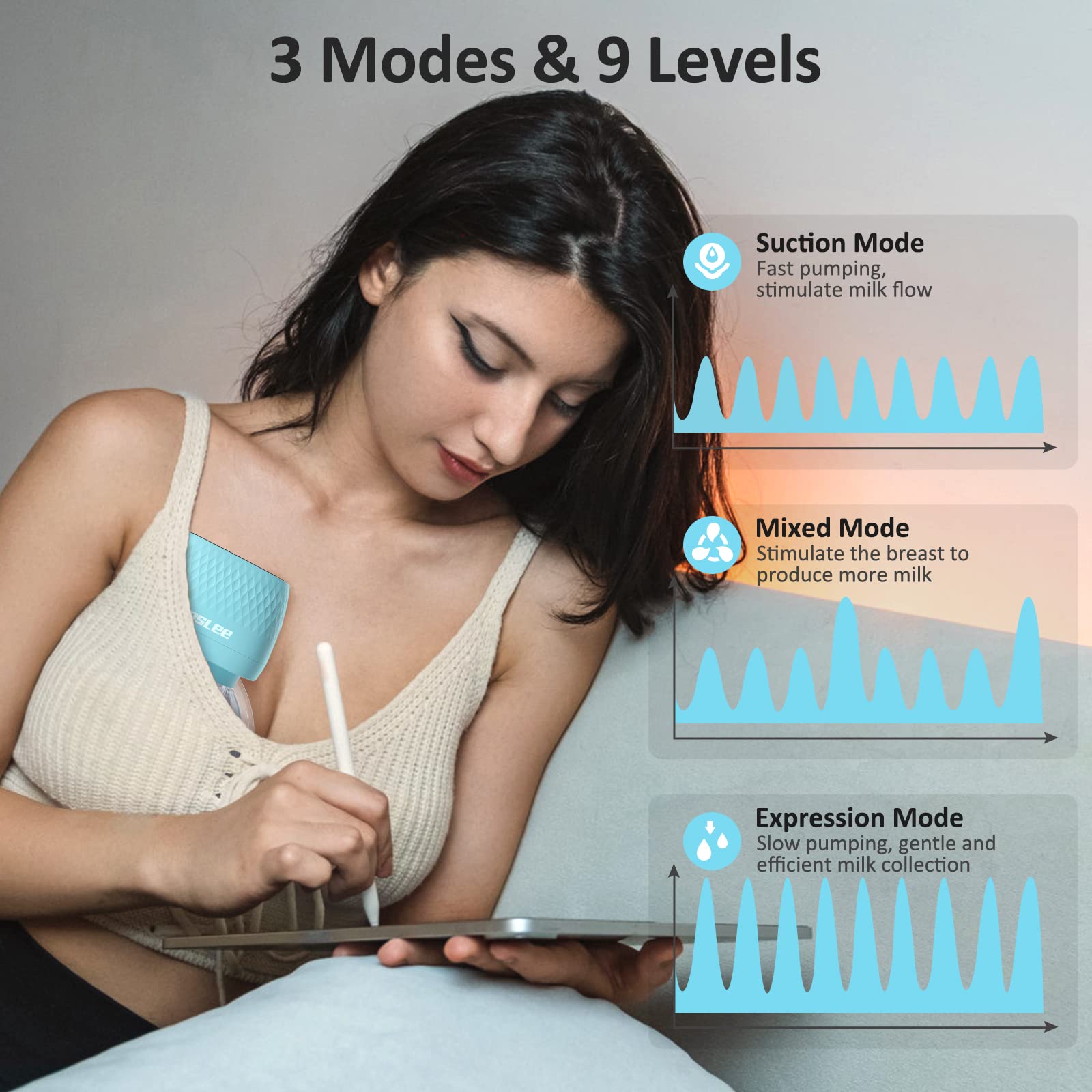 CPPSLEE Breast Pump, Wearable Breast Pump, Hands Free Breast Pump, Electric Breast Pump with 3 Mode & 9 Levels, Wireless Breast Pump Rechargeable, LCD Display, 25mm Flange, 2 Pack, Blue