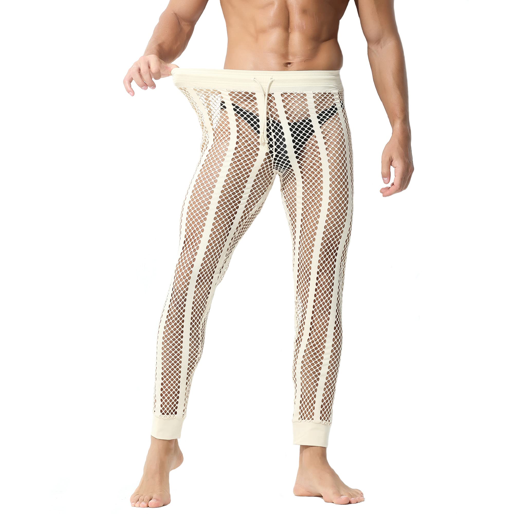 DHEWFU Men's Mesh Fishnet Pants See Through Stretchy Muscle Leggings Drawstring Sleep Lounge Thermal Bottoms