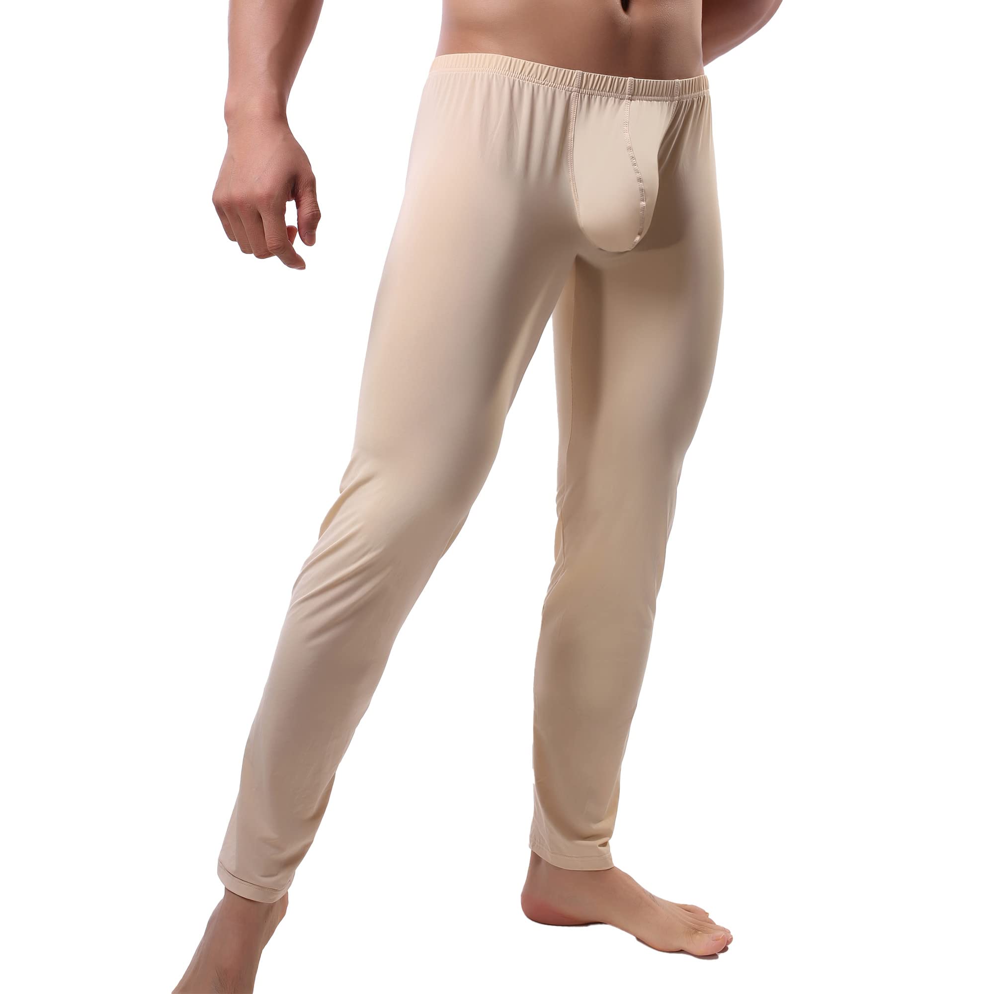 DHEWFU Mens Tight Long Underwear Bottoms Soft Low Rise Elastic Leggings Pants Trousers Sleep Beige