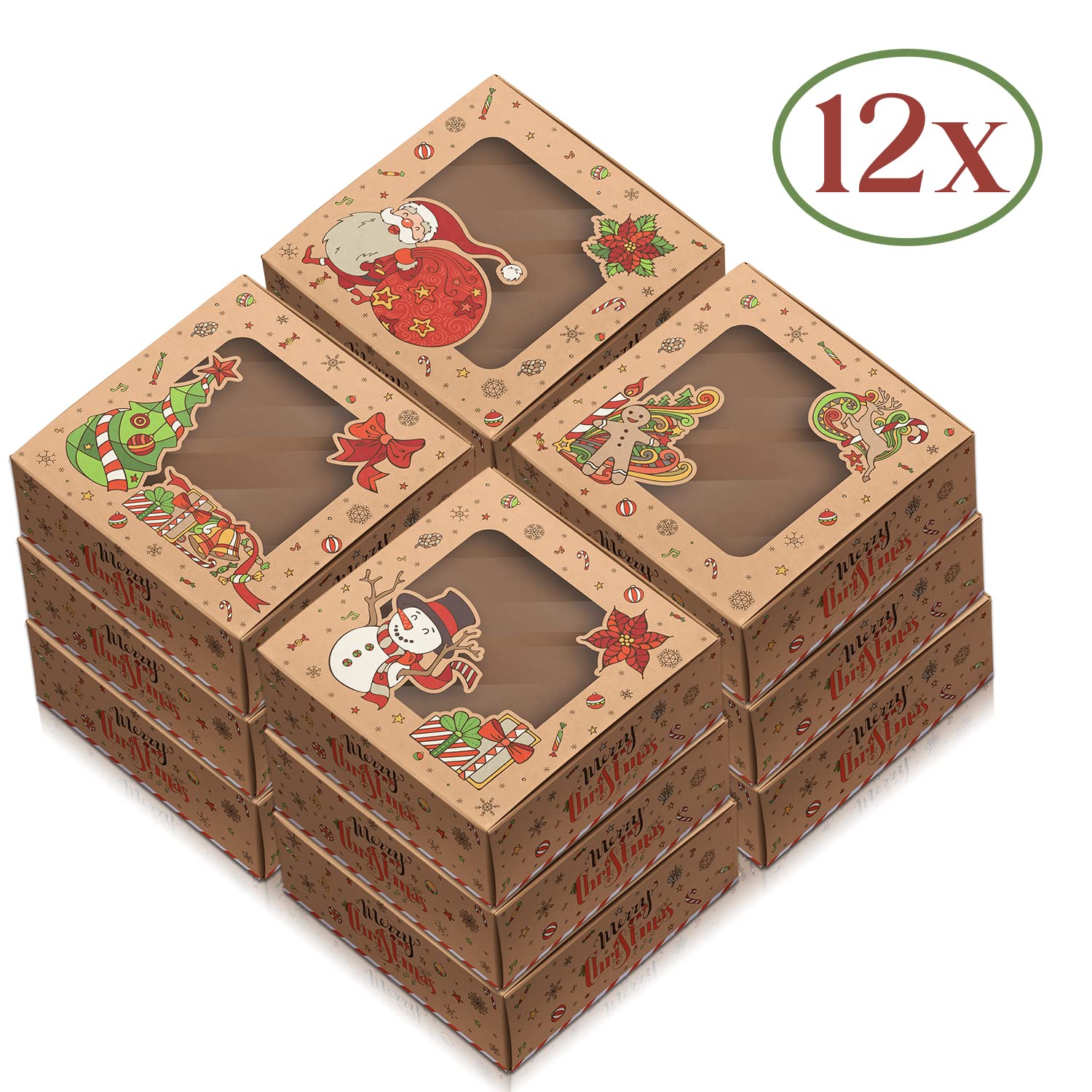 Christmas Cookie Boxes With Window and Lid, Bakery Christmas Treat Boxes, Candy and Cookie Boxes for Gift Giving - Food Packaging Containers (Santa, Christmas Tree, Gingerbread Man & Snowman)