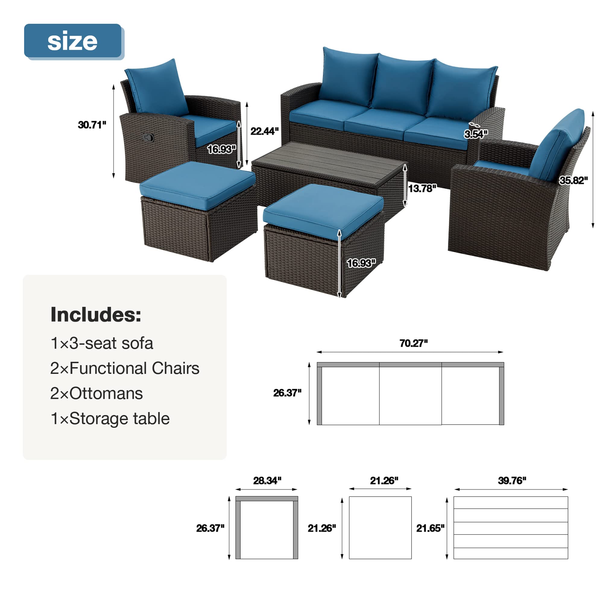 GYUTEI 7 Piece Patio Furniture Set w/ 44" Propane Fire Pit Table, Outdoor Sectional Conversation Rattan Sofa Set with Recliner, Storage Coffee Table for Garden, Porch, Backyard(Blue)