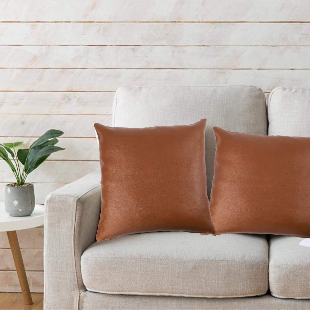 CDWERD Faux Leather Throw Pillow Covers, 18 x 18 Inches Set of 2 Modern Brown Outdoor Cushion Covers Decorative Pillowcases for Couch Bed Sofa