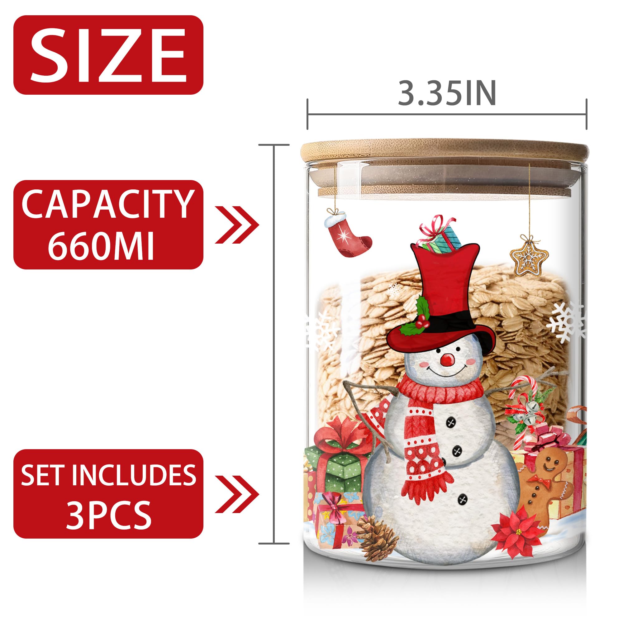 Christmas Decorations 3 Pack Glass Storage Jars-Christmas Gnome Canisters Sets with Airtight Bamboo Lid for Kitchen Countertop Snowman-Christmas Kitchen Decor Clear Glass Storage Jars Santa Claus