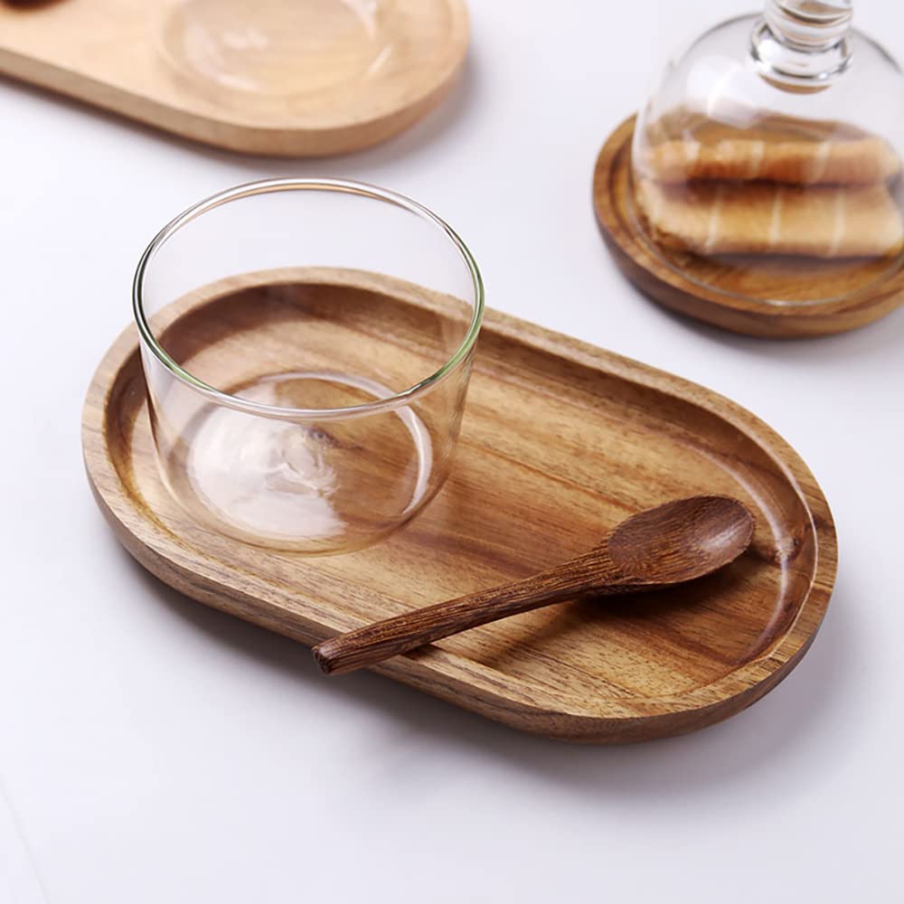 Elsjoy Set of 2 Acacia Wooden Serving Trays, Natural Wood Serving Platters Set with Lip, Oval Charcuterie Plates Board Rustic Long Bread Fruit Dishes for Kitchen Decor, 14"x7" and 11"x5.5"