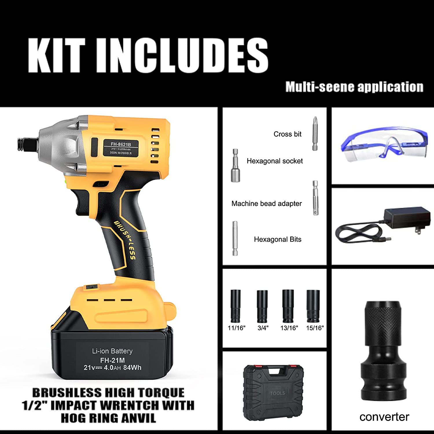 Hongmai 21V MAX Cordless Impact Wrench with 4.0Ah Li-ion Battery, 1/2 Inch, 260 Ft-lbs(300N.m) Max Variable Speed, Fast Charger, Sockets Set, Tool Box