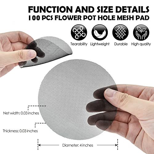 Grandisk 100 PCS Flower Pot Hole Mesh Pad 4 Inch Round Drainage Hole Screens Garden Plant Bonsai Pot Bottom Grid Mat Plastic Mesh Screen Breathable Gasket for Prevent Soil Loss (4 x 4 inch), Black