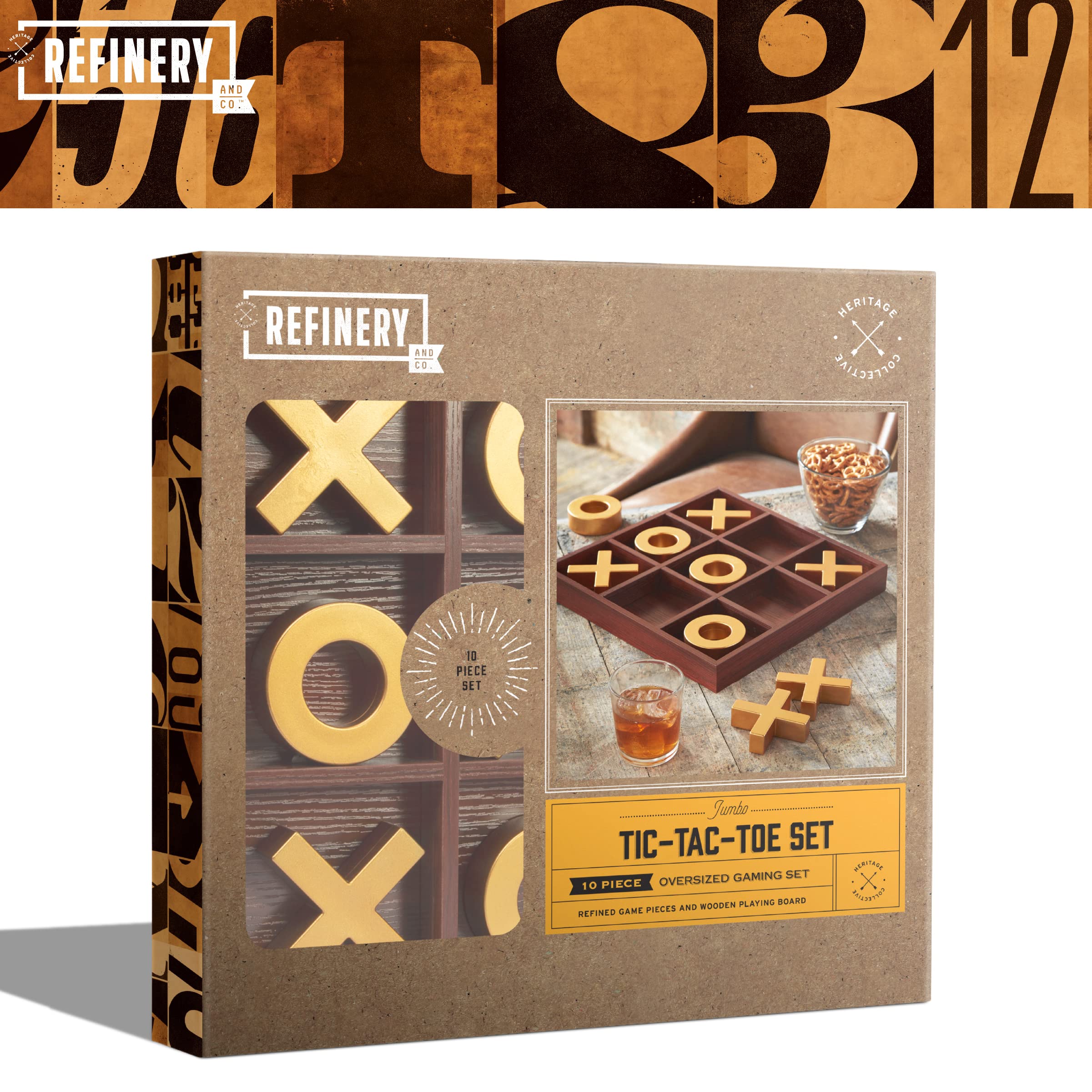 Refinery Premium Solid Wood Tic-Tac-Toe Board Game, Giant Gold 14β Coffee Table Home Decor, Classic Indoor/Outdoor Party Game for Children & Adults