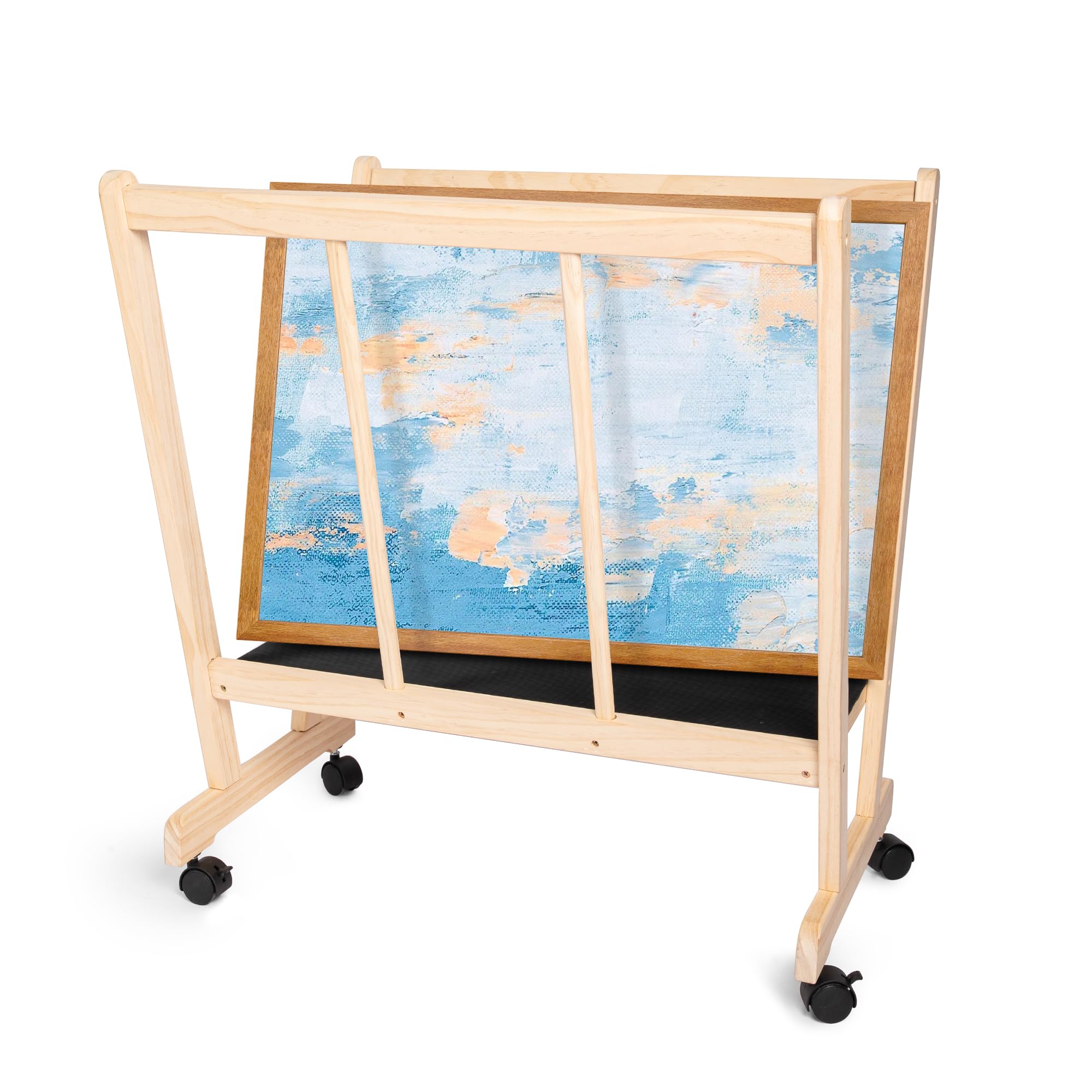 GENMOUS Wood Large Print Rack with Castors - Artist Display and Storage Rack,Natural Wooden Storage & Crafts Drying Racks for Canvas,Artwork,Prints,Panels,Posters,Art Shows & Galleries Display Stands