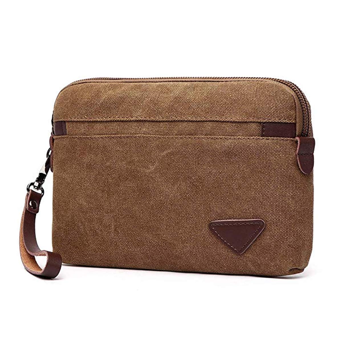 Canvas Wristlet Bag Large Clutch Bag Wallet Purse Zipper Pouch Handbag Organizer with Leather Strap for Men