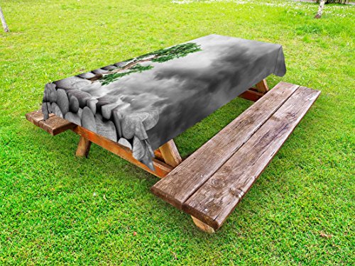 Lunarable Peace Outdoor Tablecloth, Basalt Stones Pile and Green Tree Moody Stormy Dramatic Sky Asia Balance Therapy Theme, Decorative Washable Picnic Table Cloth, 58" X 120", Grey Green