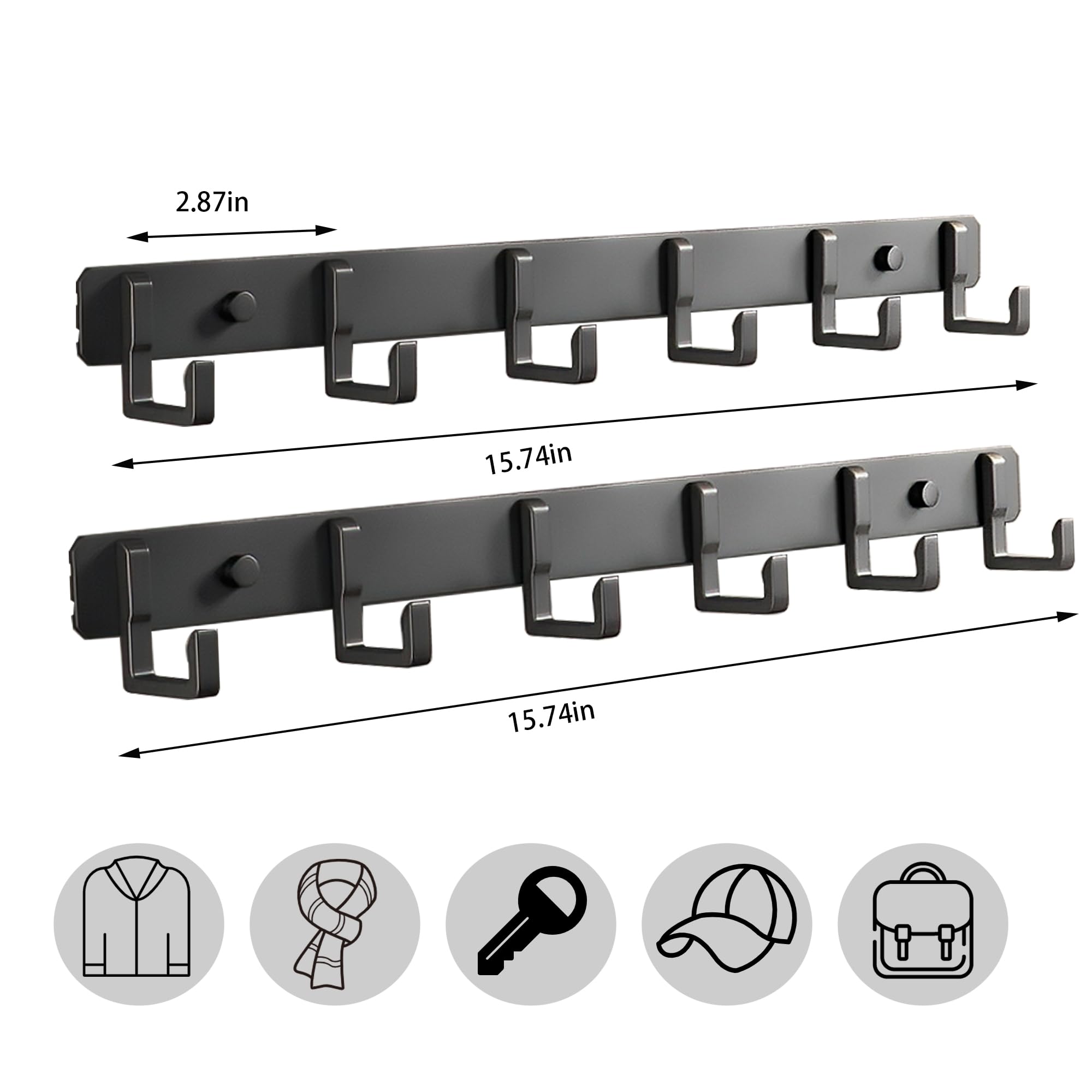 Geobella Wall mountde Coat Rack(2-Pack) 6 Hanging Hooks Entryway Bedroom Bathroom Kitchen for Coat Hooks,Glue Installation Does Not Require Drilling