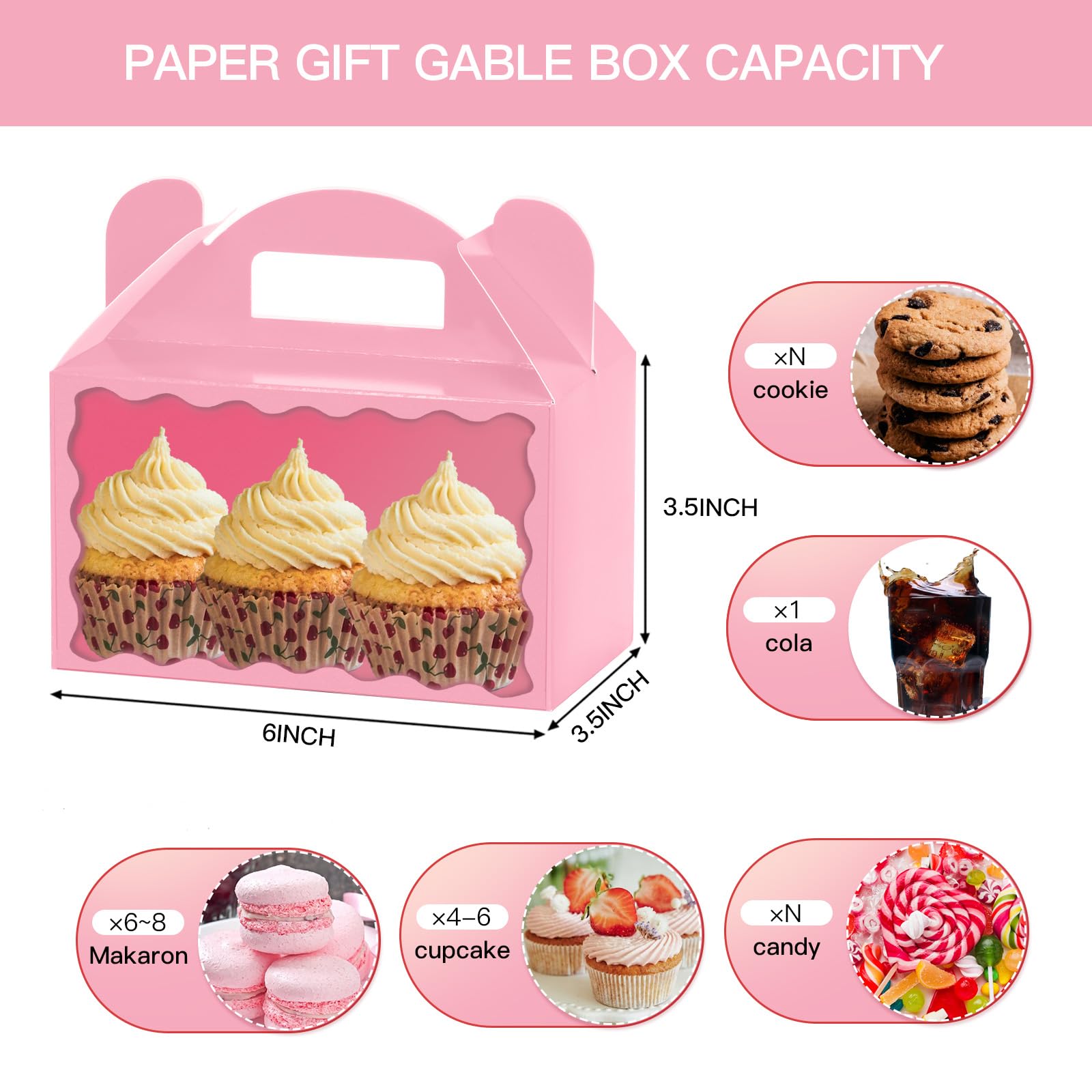 MOORAY 30 Pack Treat Boxes Candy Boxes Gable Boxes Party Favor Boxes with Handles Goodie Boxes Paper Gift Boxes for Kids Birthday Party Baby Shower Wedding Halloween Christmas(Pink)