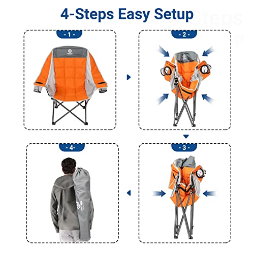 Coastrail Outdoor Camping Chair Oversized Padded Folding Quad Arm Chairs with Lumbar Back Support, Cooler Bag, Cup Holder & Side Pocket, Extra Head Pocket, Supports 400 lbs (Modern, Orange)