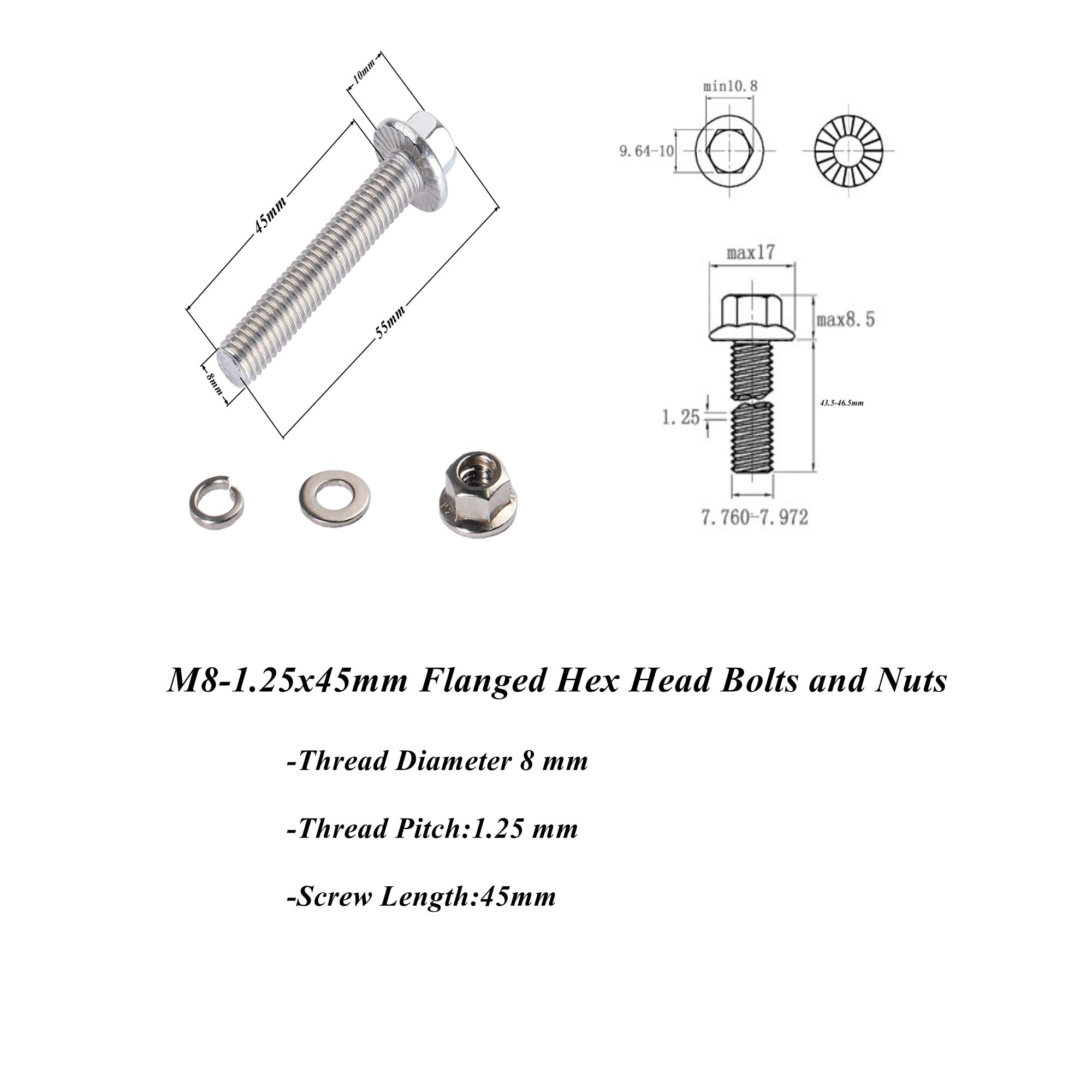 Needenr M8-1.25x45mm Flanged Hex Head Bolts,Stainless Steel 304 Flange Hexagon Bolt,Nuts,Flat & Lock Washers Kits Flange Hexagon Screws for Exhaust Manifold Hardware Kit