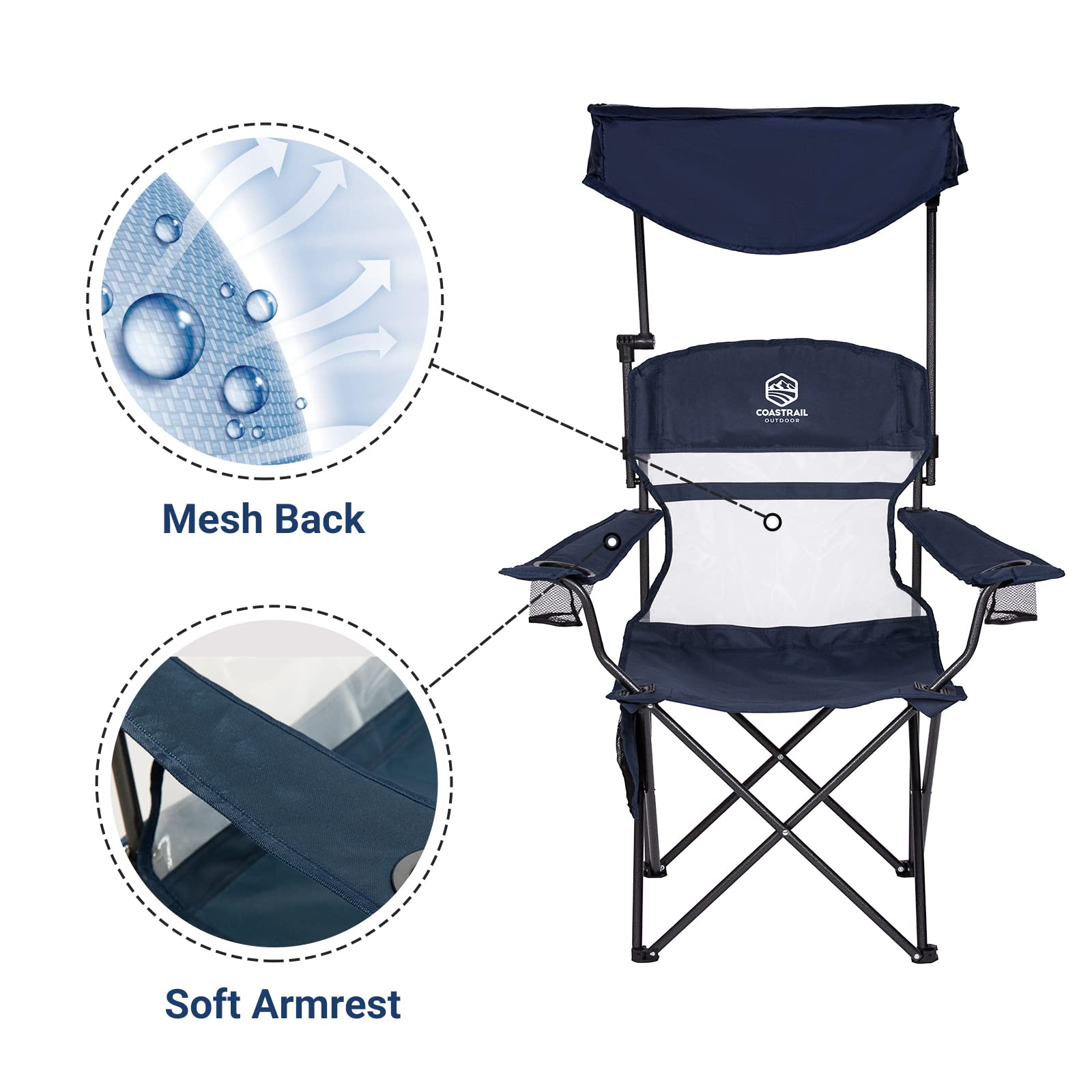 Coastrail Outdoor Canopy Folding Camping Chair with Multi-Position Adjustable Sun Shade Lawn Chair, SPF 50+ Sun Protection with Cup Holder & Storage Pockets, Portable Design for Beach, Camping, Patio