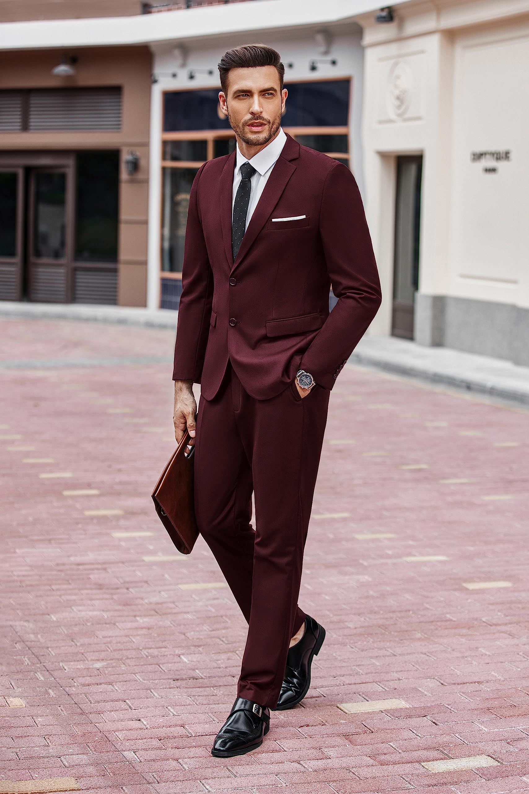COOFANDY Christmas Suits for Men 2 Pieces Slim Fit Solid Color 2 Buttons Jacket Pants for Wedding Dinner Party Burgundy