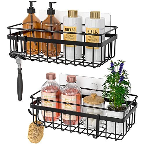 Shower Caddy Shelf Organizer, Self Adhesive Shower Shelves for Tiles Walls, Shower Rack Storage for Inside Shower No Drilling, Bathroom Shower Organizer Rustproof Stainless Steel, 2 Pack, Black