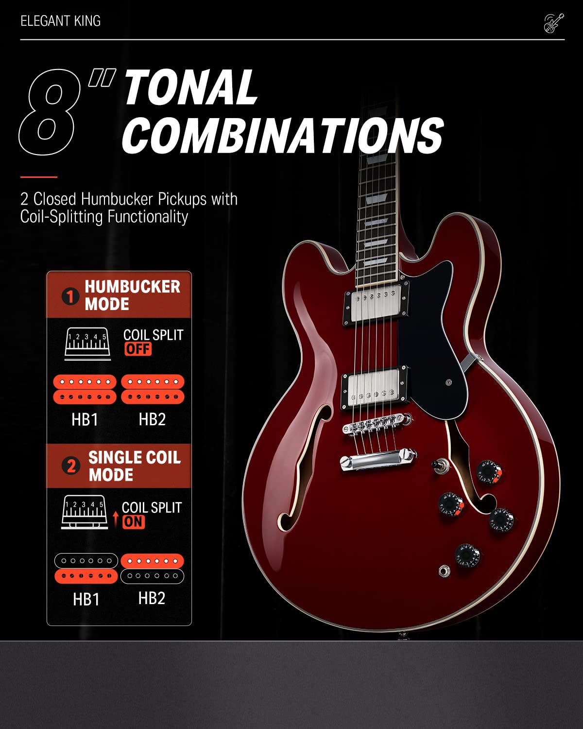 Donner Semi-Hollow Electric Guitar, DJP-1000 Jazz Guitar with H-H Pickups & Coil-splitting Function, 335 Electric Guitar Bonus Bag, Cable, Strap