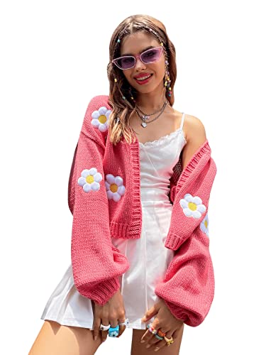 SweatyRocks Women's V Neck Button Front Cardigan Sweater Cute Floral Print Coat Outerwear Watermelon Pink S
