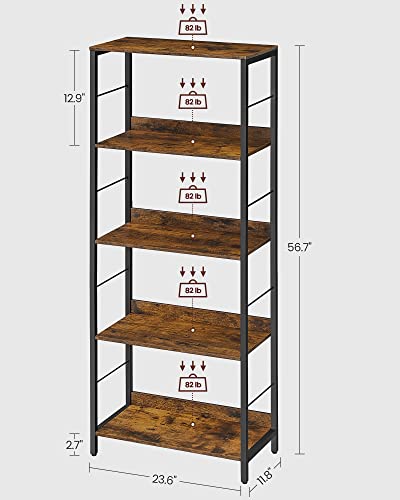 VASAGLE 5-Tier Bookshelf, Bookcase for Office, 11.8 x 23.6 x 56.7 Inches, Shelving Unit, with Back Panels, Industrial Style, for Living Room, Study, Home Office, Rustic Brown and Black ULLS117B01