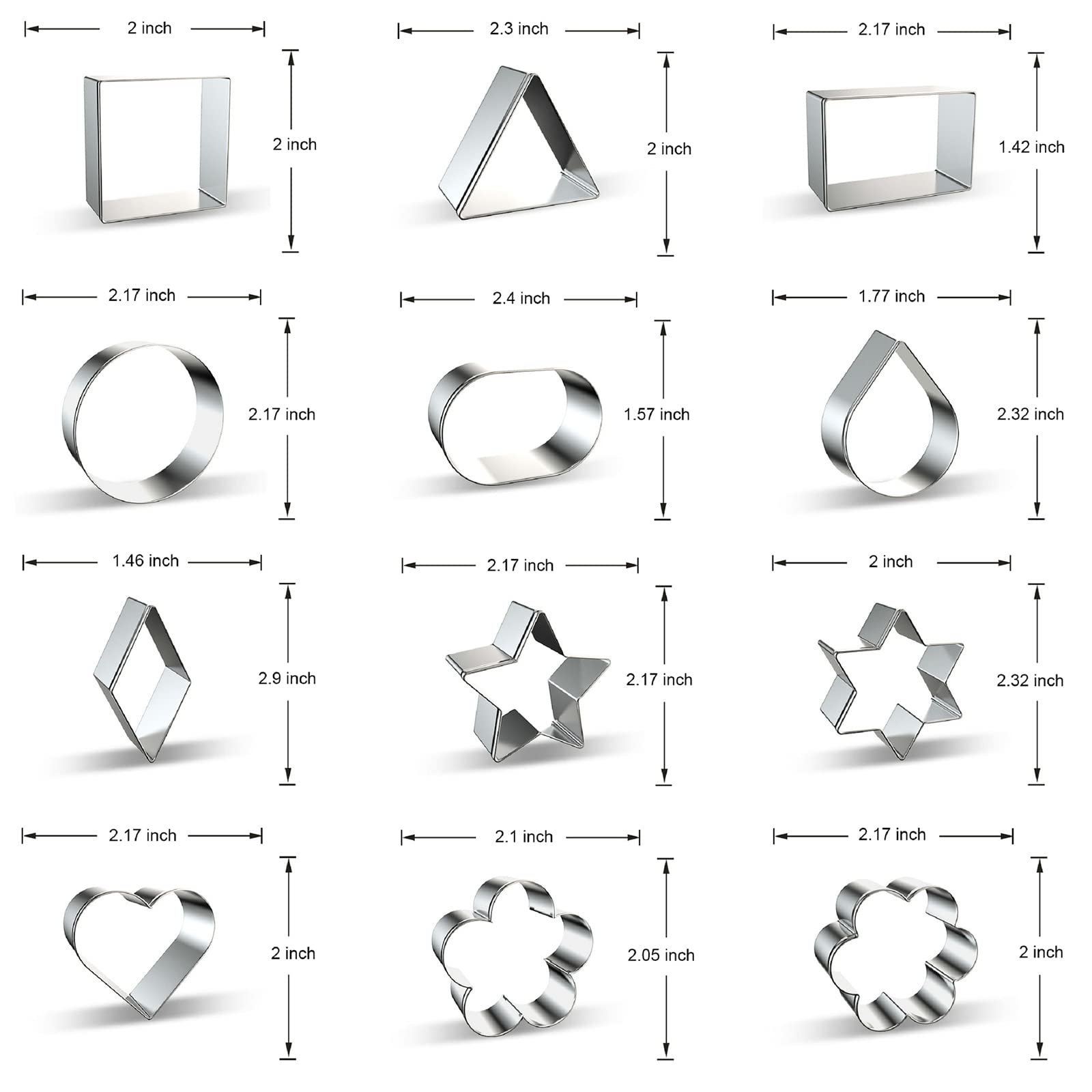 Geometric Classic Shapes Cookie Cutter Set of 12 - Heart, Flower, Star, Circle, Square, Triangle, Rectangle, Oval, Teardrop, Diamond, Star of David Shaped Cookie Cutters Biscuit Mold - Stainless Steel