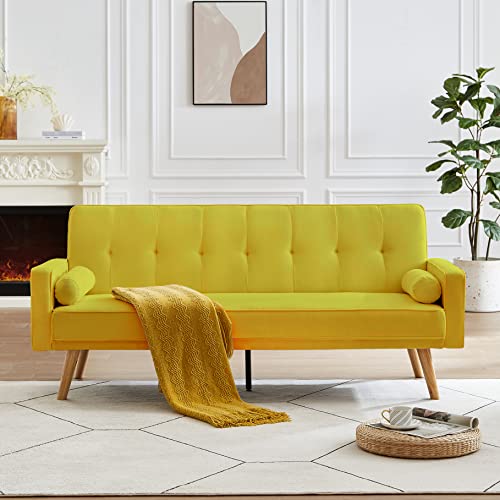 FULife Convertible 3 in1 Loveseat Sofa Futon Couch Sleeper Pullout Chaise Lounge Recliner Chair Reversible Folding Daybed Guest Bed,2-Seat Sofá,Adjustable Back,600lb Capacity, Yellow Linen Fabric 72"w