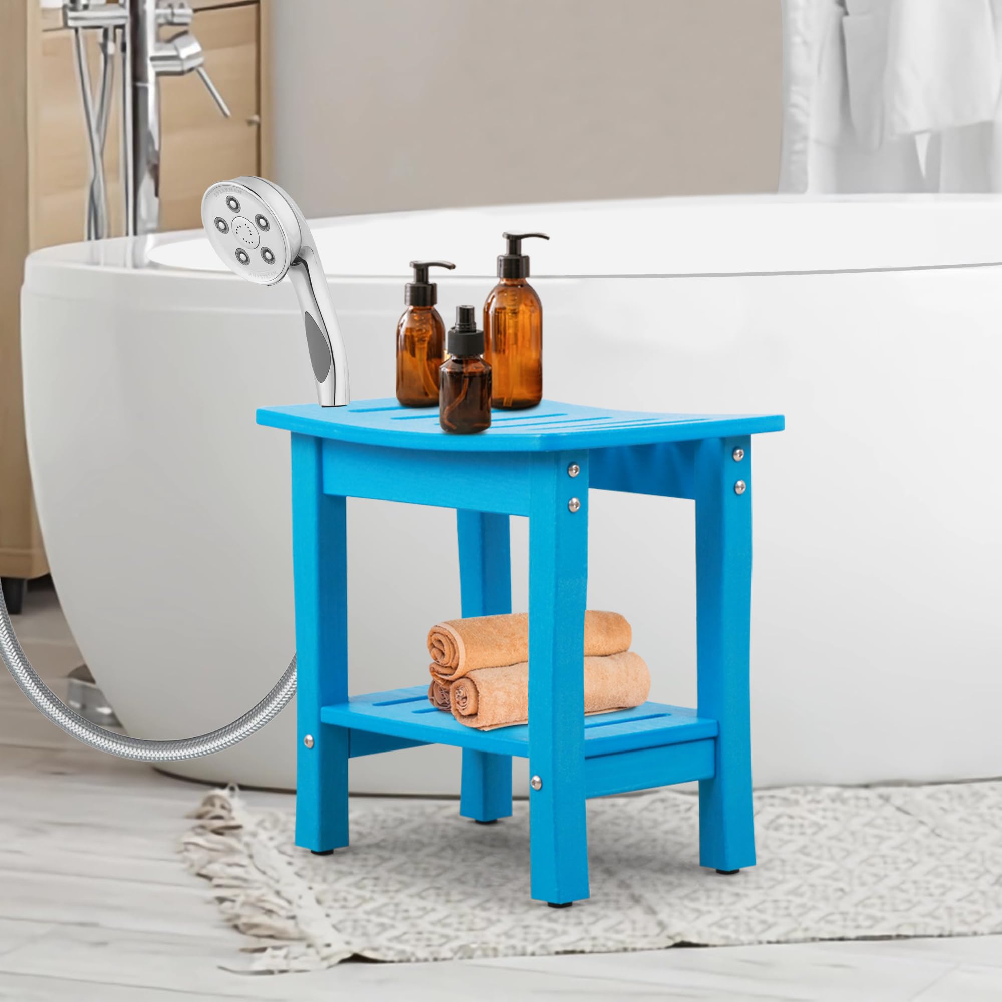 ISYIESA Shower Bench and Stool for Bathrooms: Waterproof, Non-Slip, and Rot-Resistant. Crafted from Plastic Composite HDPE,Equipped with Adjustable Legs and a Shaving Shelf(Pacific Blue)