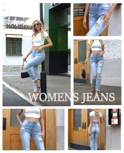 MINGALONDON Ladies Ripped Mom Jeans High Waisted Distressed Stretchy Boyfriend Denim Pants Light Blue L