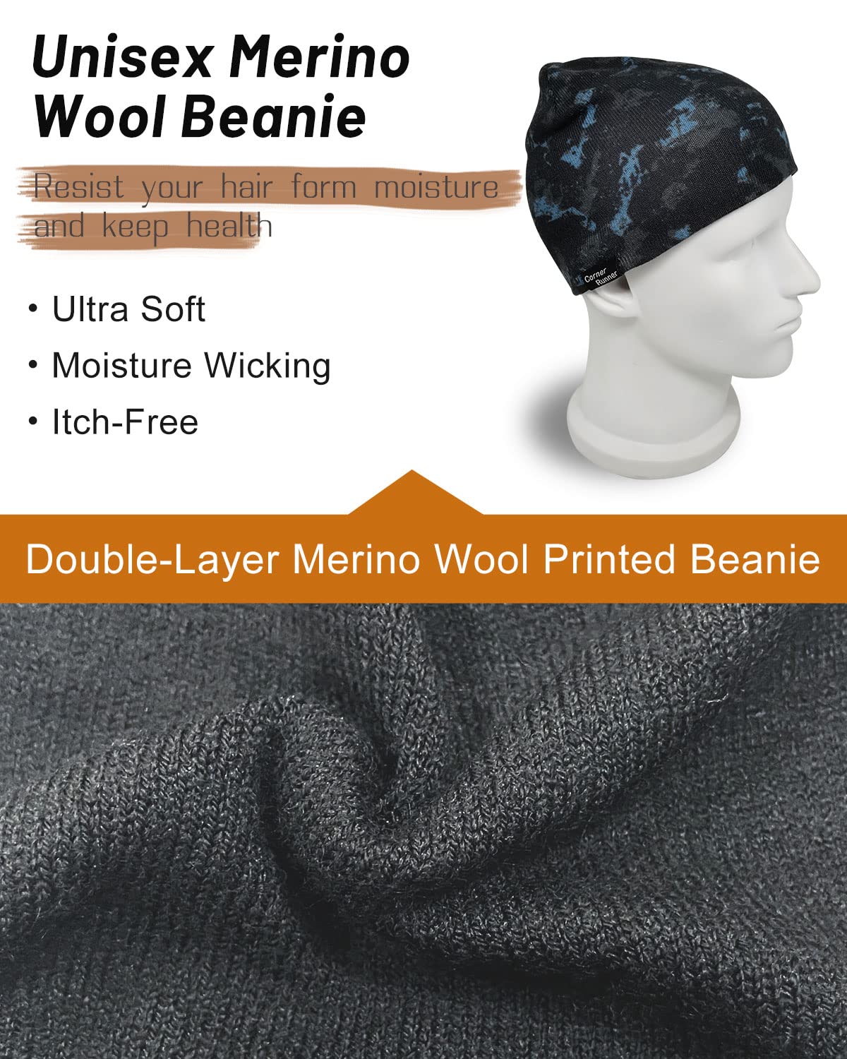 CORNER RUNNER Beanie Hats for Men and Women Winter Hats for Women Merino Wool Printed Lined Knit Warm Beanies