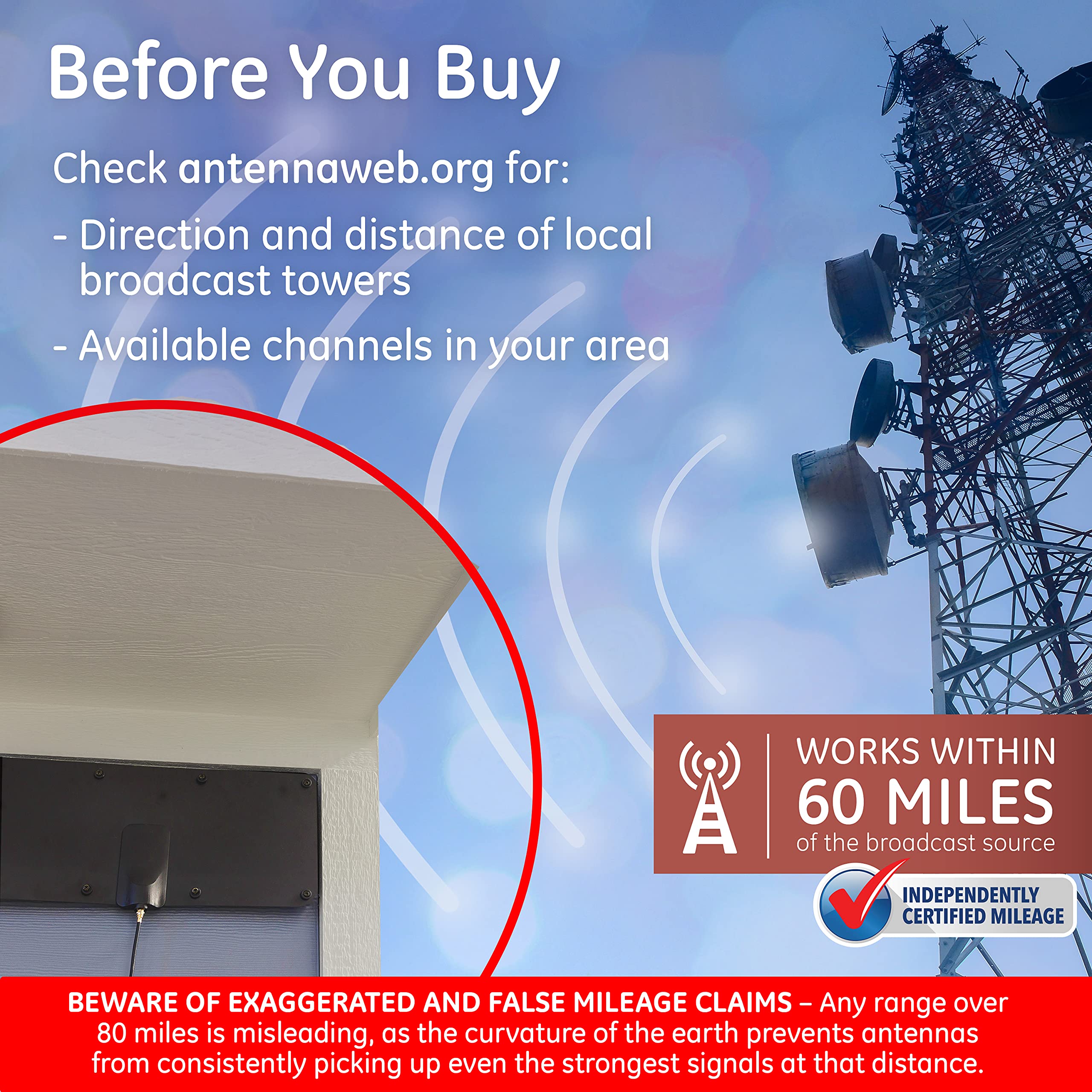GE Digital Outdoor HD TV Antenna, Weatherproof Long-Range, Supports 4K 1080p UHF VHF NextGen TV ATSC3.0, Flat Low-Profile Design, Black, 54083