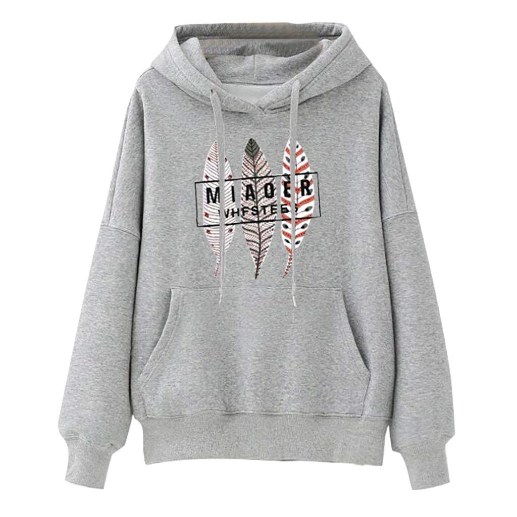 Ruhiku GW Hoodie, Womens Long Sleeve Cactus Print Hoodie Sweatshirt Hooded Pullover Tops Blouse (Gray B with Feather, XL)