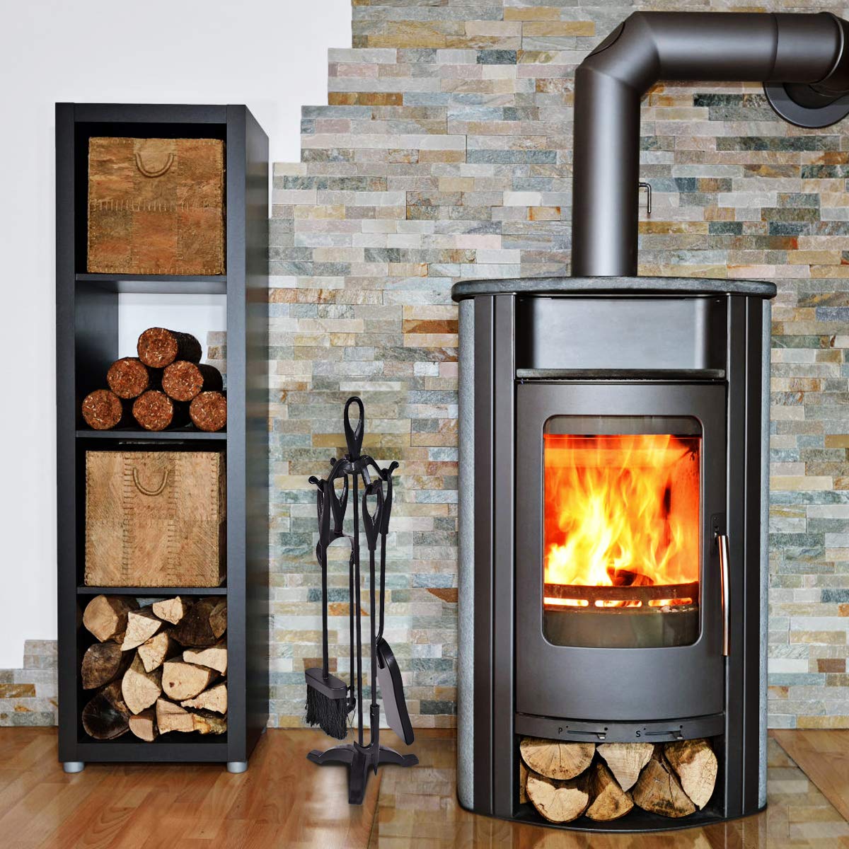 Tangkula Fireplace Set 5 Piece Rustic Heavy Duty Compact Wrought Iron Fire Place Tool Set with Pedestal Place, Hearth Tool, 25.5"