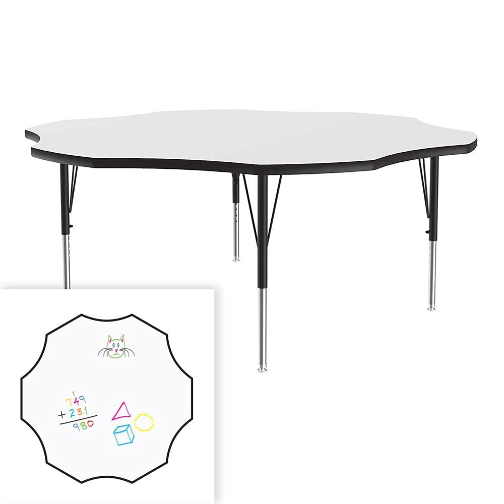 Correll 60" Flower Shaped, Classroom Dry Erase/Markerboard Top, Activity Table, Height Adjustable (19"-29), White Durable High Pressure Laminate, School Furniture, Made in The USA