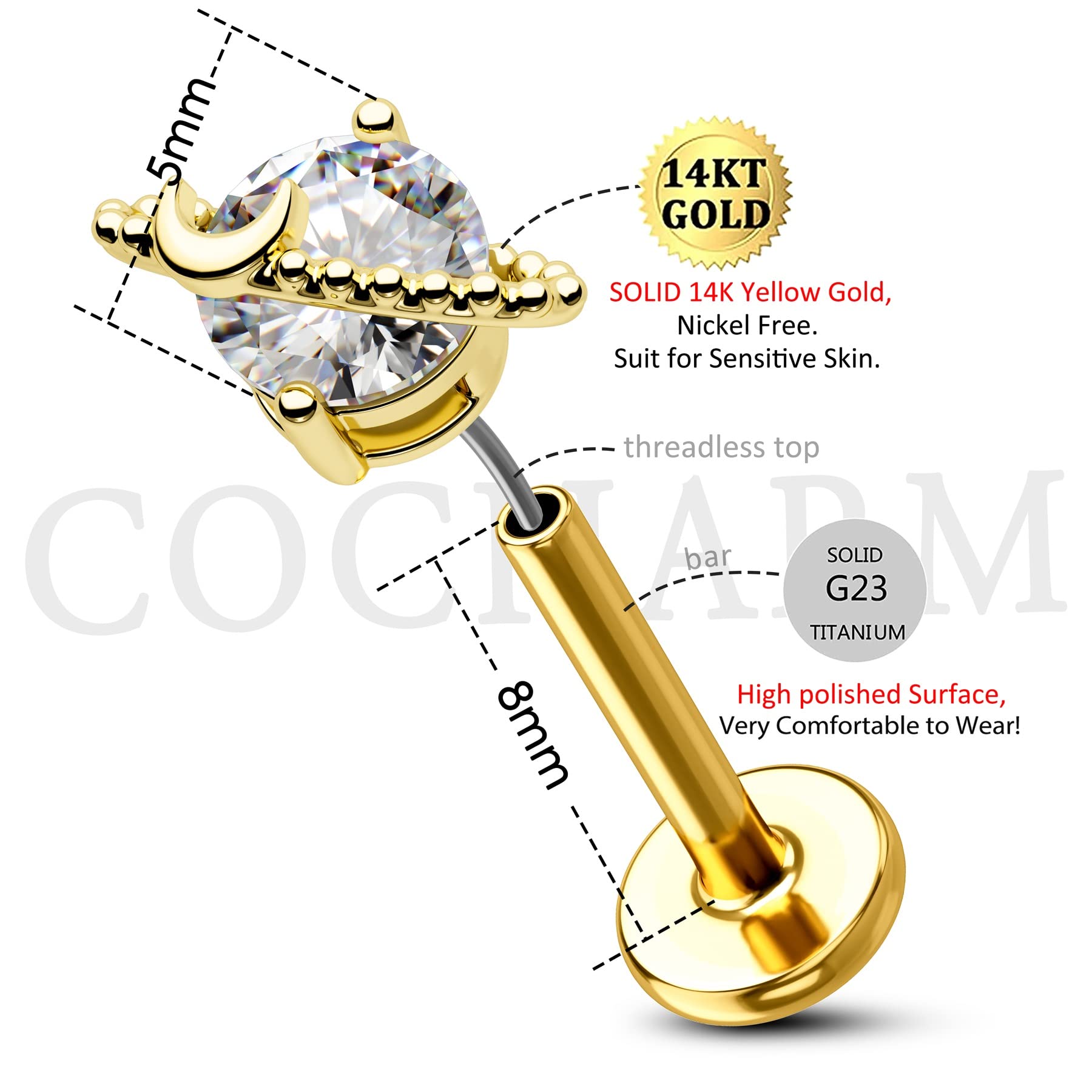 COCHARM 14K Gold Cartilage Earring Stud Yellow Gold 16g Flat Back Cartilage Stud 14K Solid Gold Push in Cartilage Piercing Stud Planet Labret Stud Gold Medusa Studs