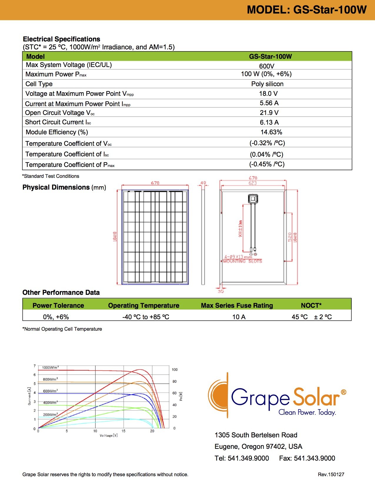 Grape Solar GS-STAR-100W Polycrystalline Solar Panel, 100-watt