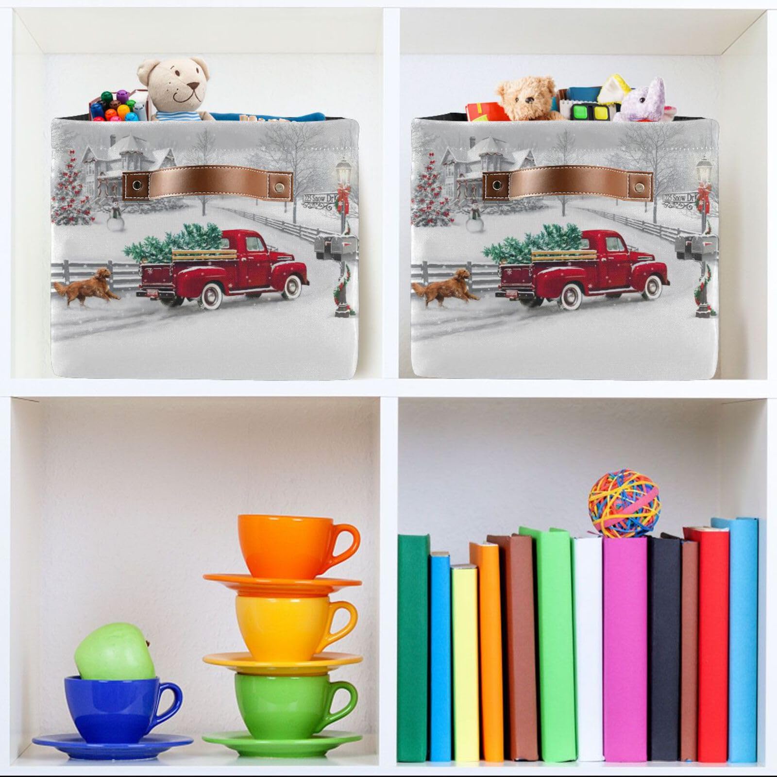 Christmas Tree Red Truck Basket Decor Winter Snowflake Candy Storage Bin Basket for Shelf Closet Foldable Fabric Storage Box Cube with Handles Kids Toys Clothes Organizer Basket for Nursery Bedroom